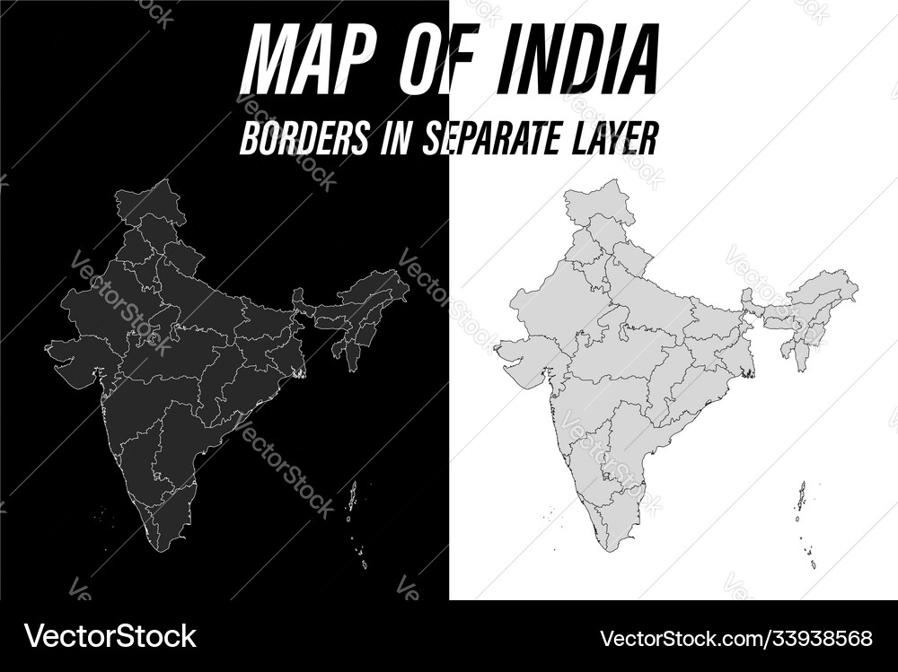 Detailed map india with borders black and white Vector Image