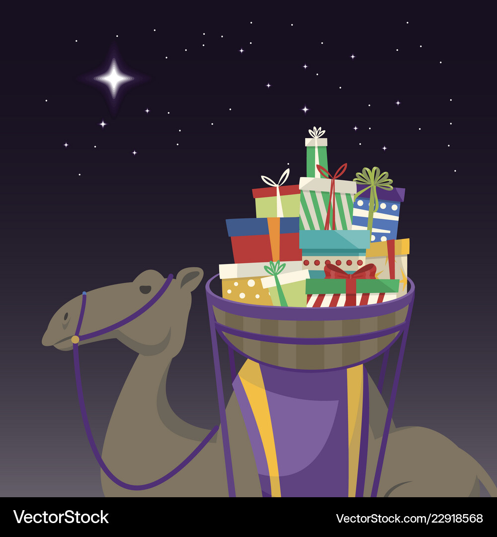 Happy epiphany day camel transporting gifts Vector Image