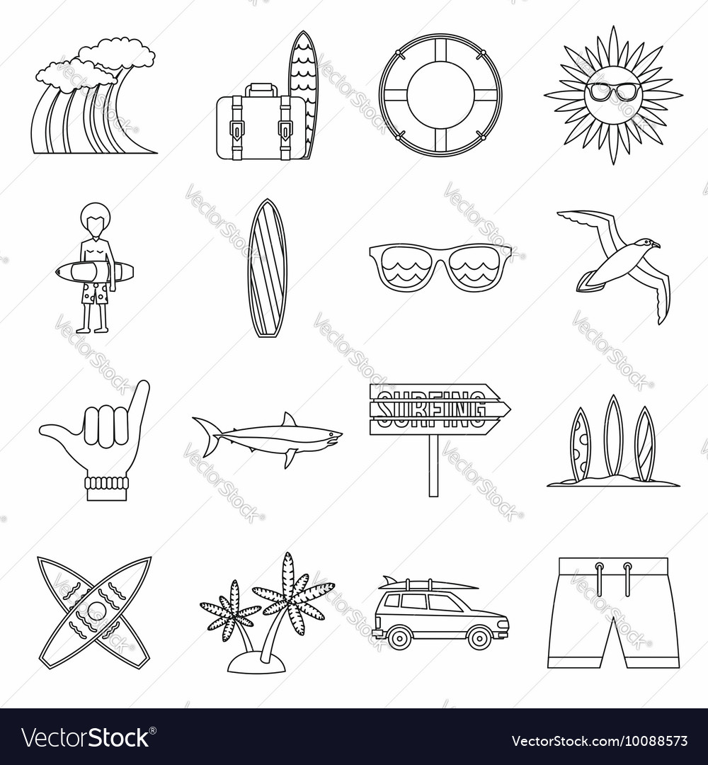 Surfing icons set outline style Royalty Free Vector Image