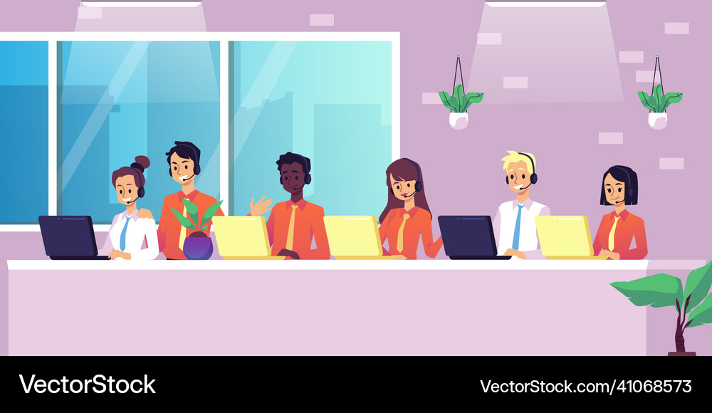 Telemarketing office with operators headsets Vector Image