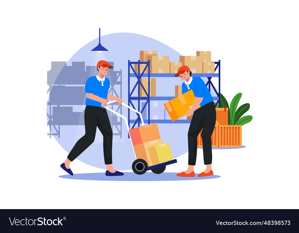 Warehouse workers arranging boxes Royalty Free Vector Image