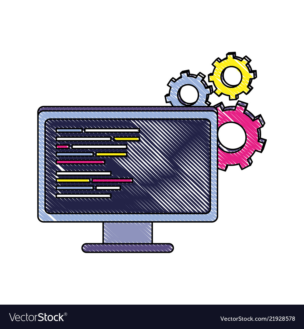 Grated Industry Gear And Computer With Code Vector Image