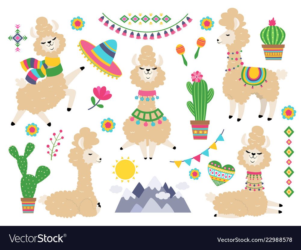 Llama set baby llamas cartoon alpaca wild lama Vector Image