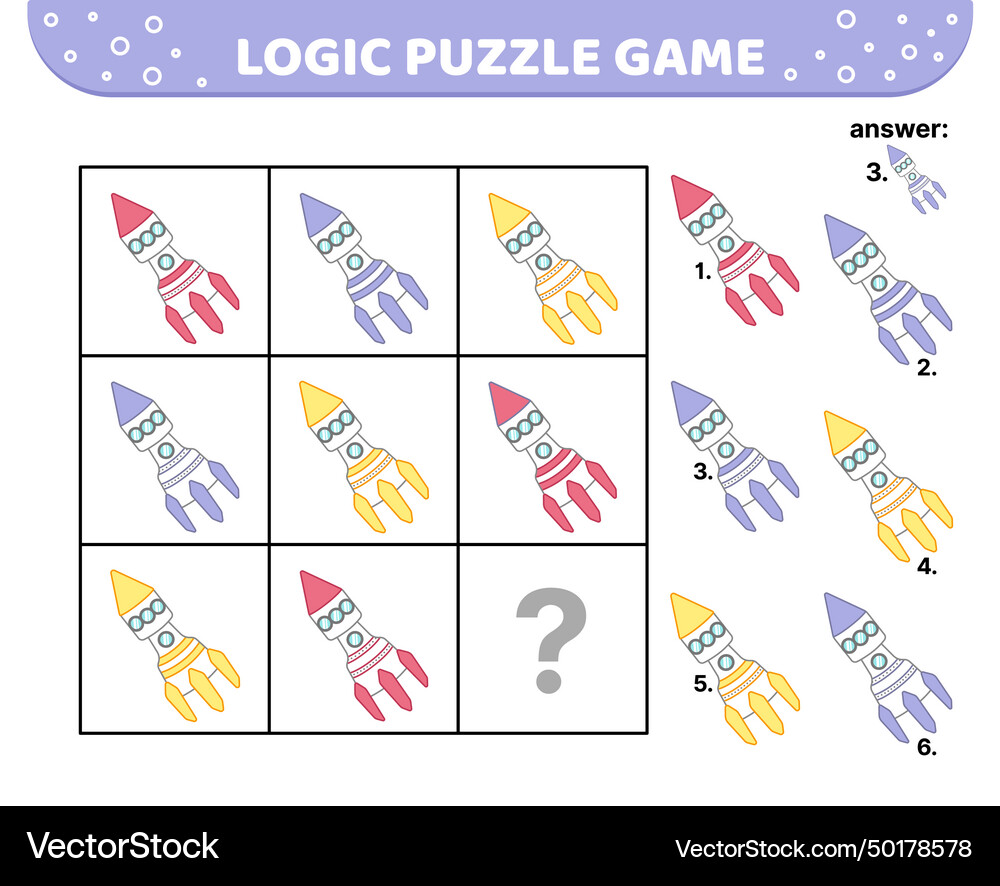 Logic puzzle game little space rocket for kids Vector Image