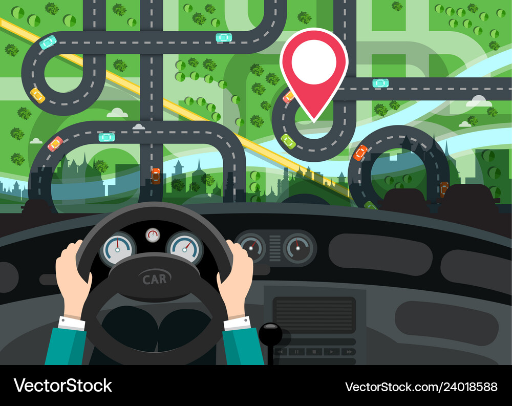 Driving car concept with hands on steering wheel Vector Image