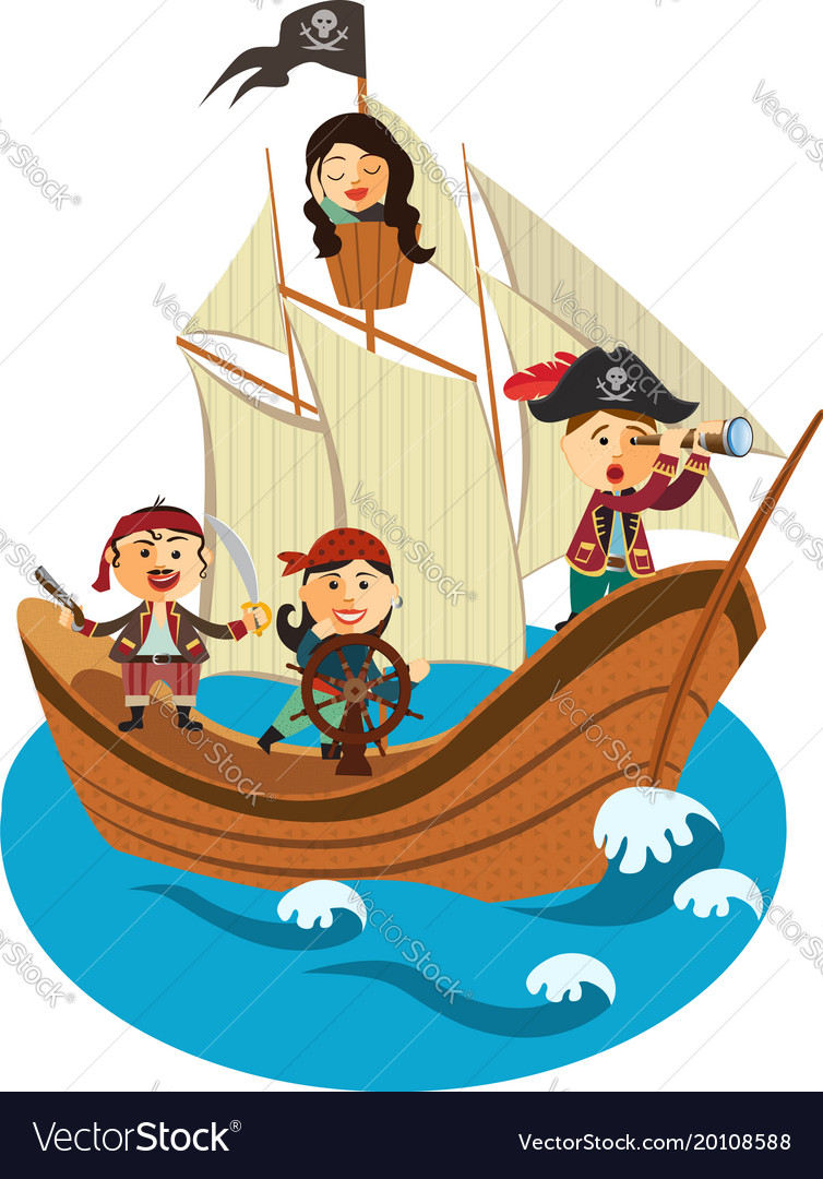 Happy Pirates Sailing In Their Pirate Ship Vector Image