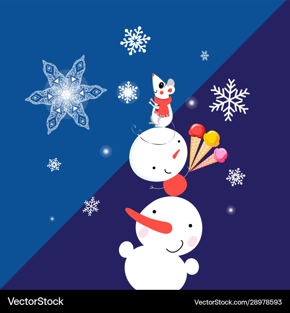 Christmas card with snowmen and mouse Royalty Free Vector