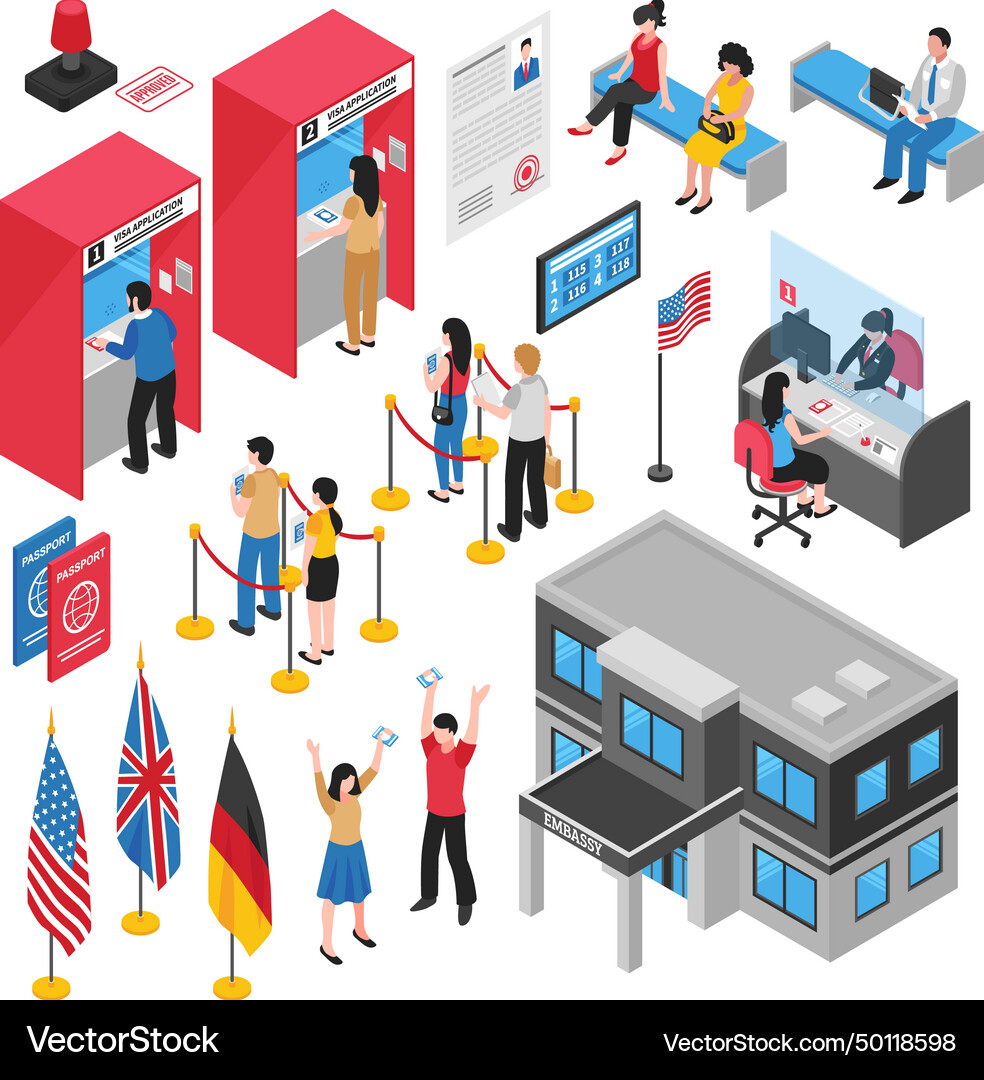 Isometric embassy visa center icon set Royalty Free Vector