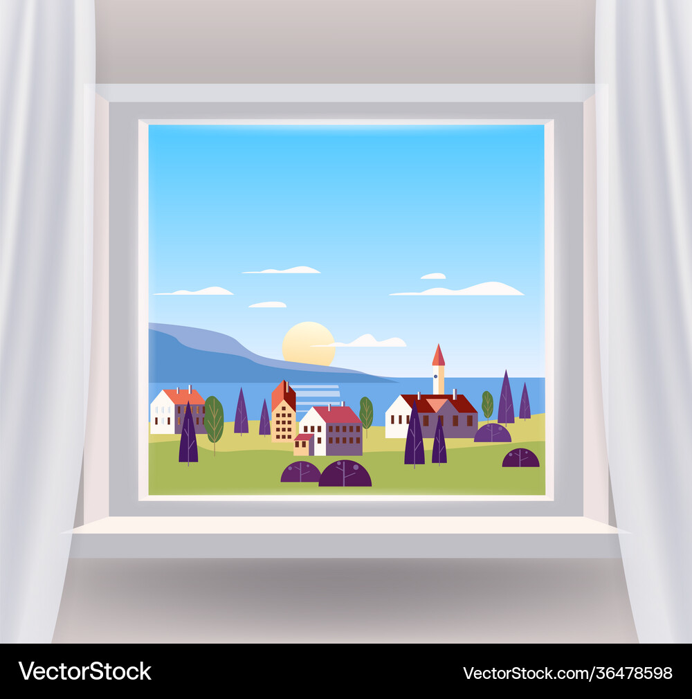 Open window interior home with a sunset sea ocean Vector Image