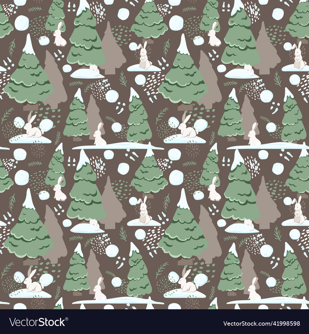 Pattern with cute fur-trees rabbits Royalty Free Vector