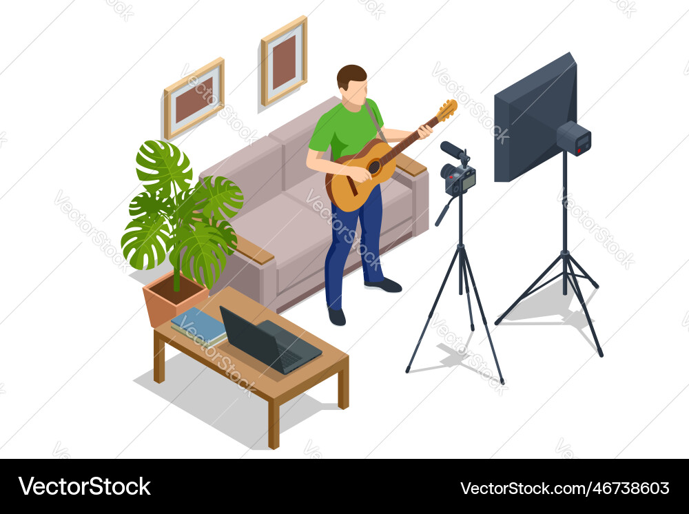 Isometric man playing an guitar and records Vector Image