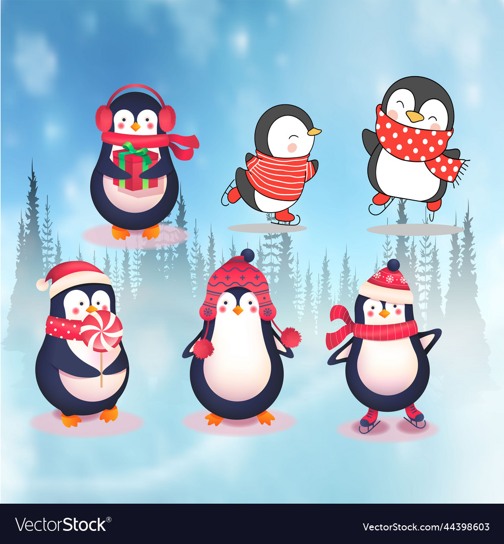 Penguins christmas penguin characters in winter Vector Image
