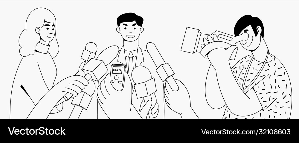 Press conference reporter hands with microphones Vector Image