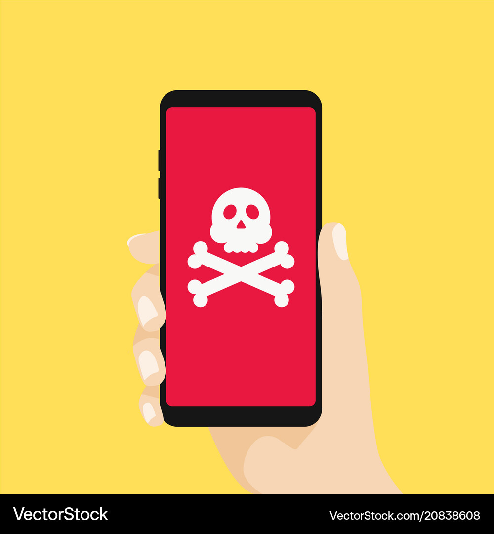 Hand holding smartphone with skull sign Royalty Free Vector