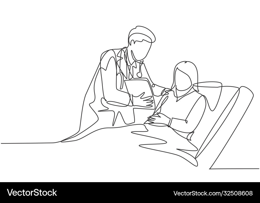 One single line drawing young doctor show Vector Image