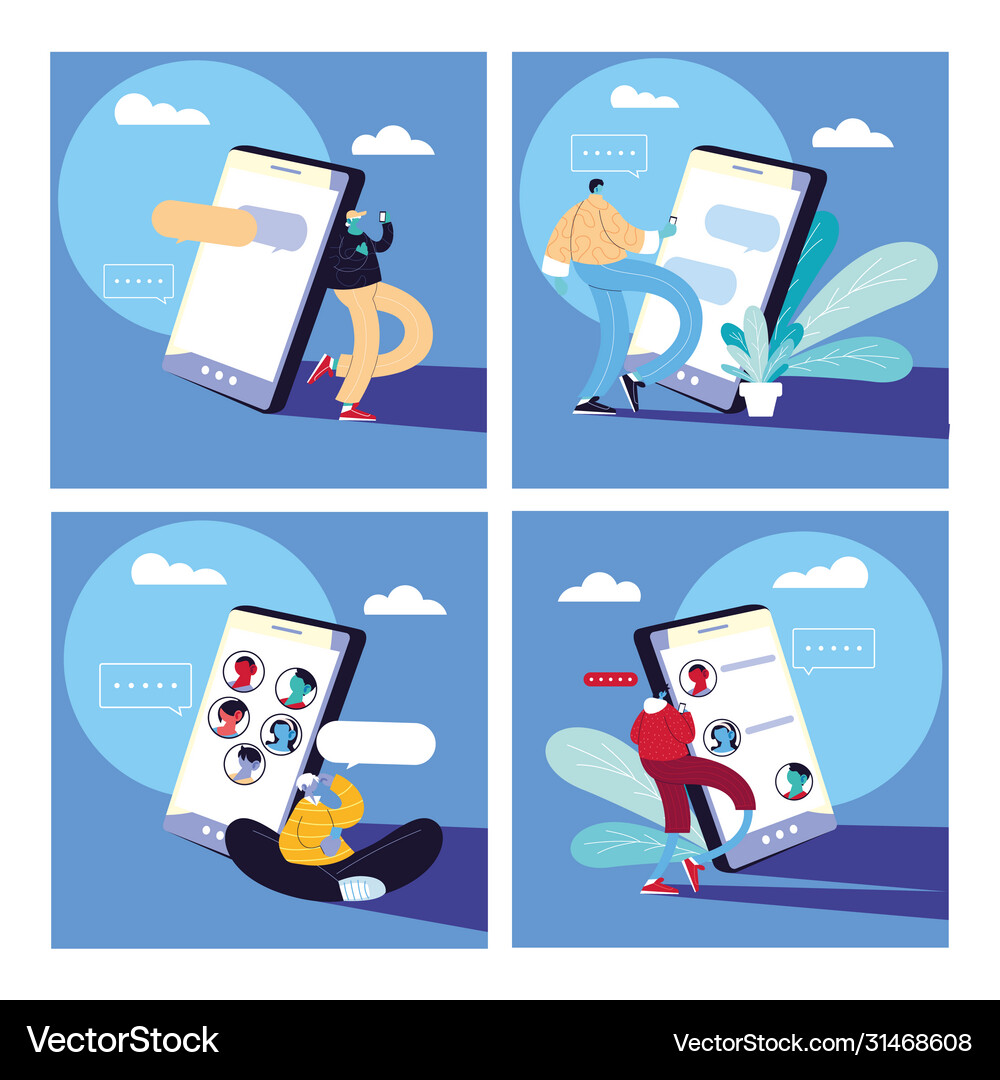 Set poster with men and smartphones chatting Vector Image