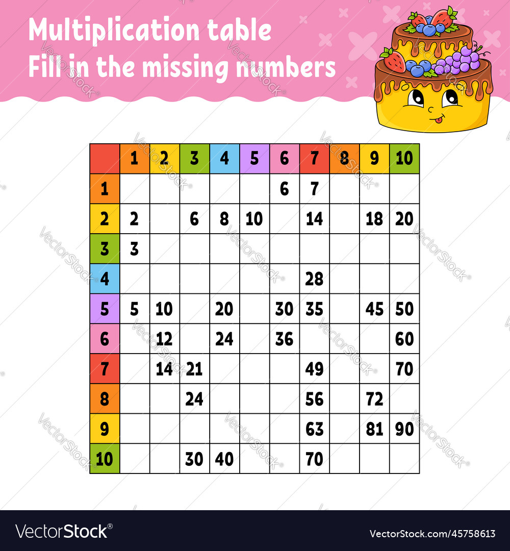 Paste the missing numbers learning multiplication Vector Image