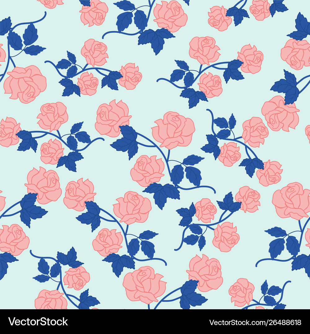 Pink roses and blue leaves in a seamless pattern Vector Image