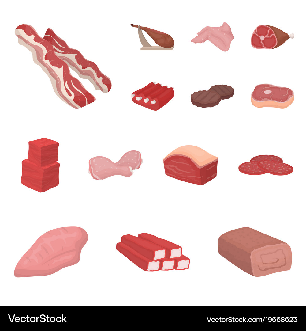 Different meat cartoon icons in set collection Vector Image