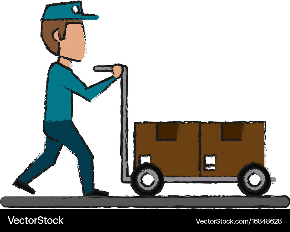 Colorful delivery man carrying boxes doodle over Vector Image