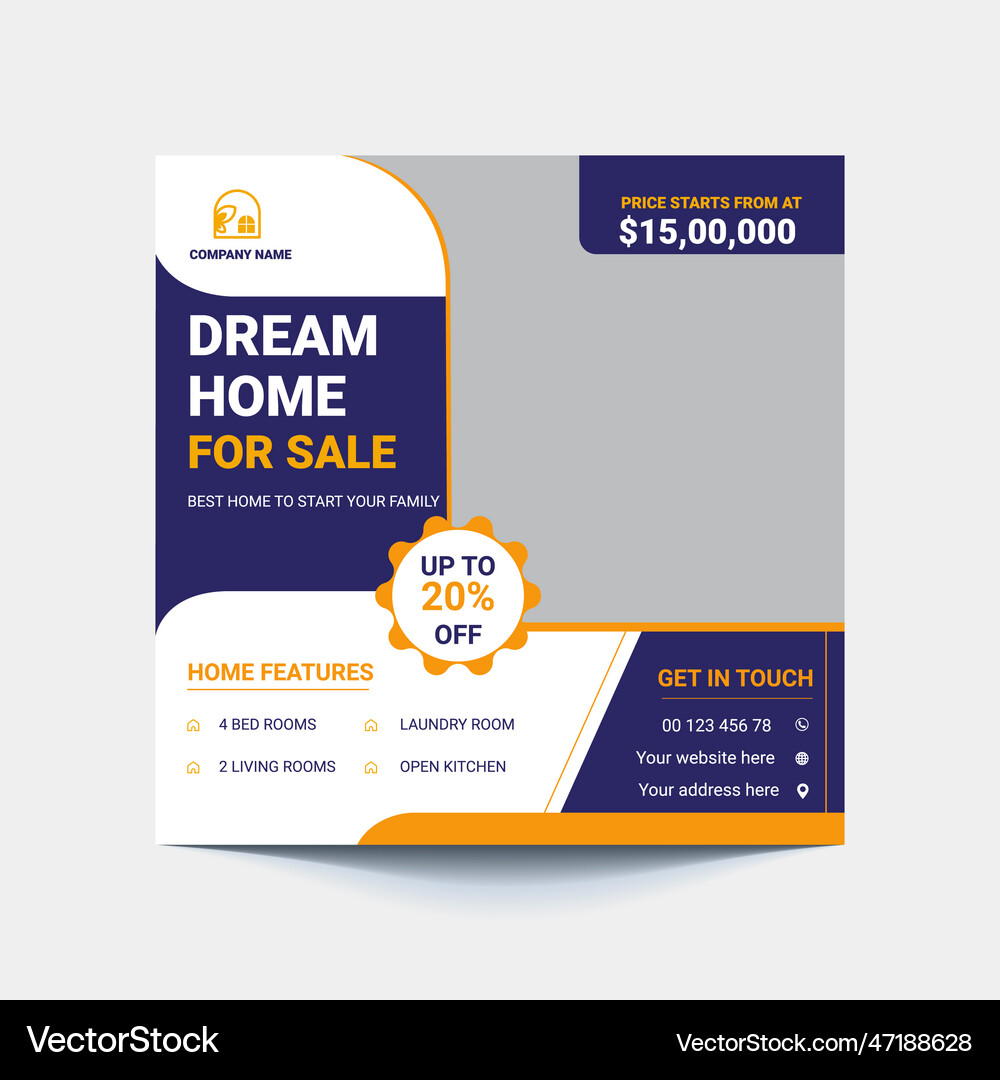 Real estate social media post template editable Vector Image