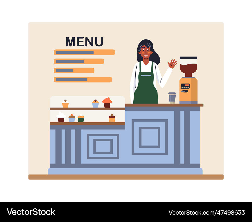 Cartoon character in uniform standing in buffet Vector Image
