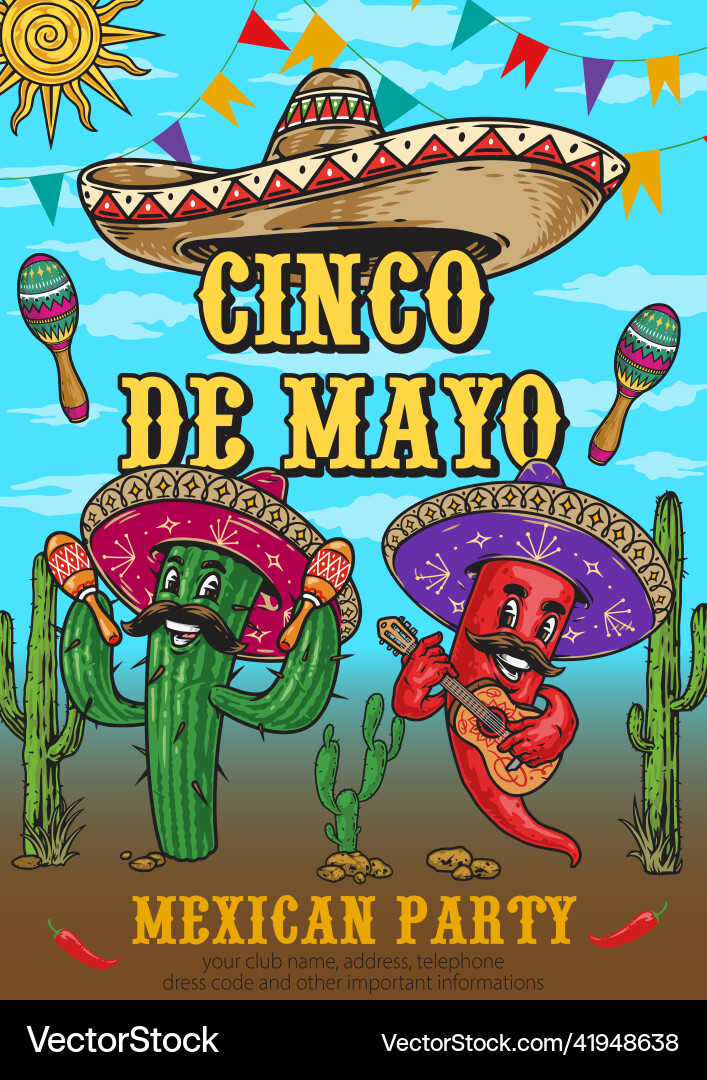 Mexican poster with cartoon characters Royalty Free Vector