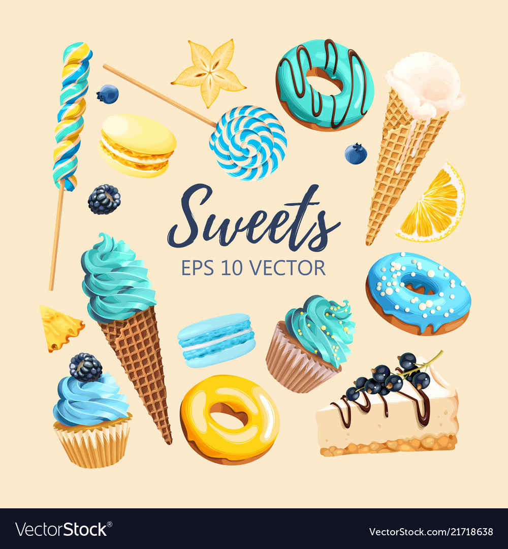 Set delicious fruit sweets and desserts Royalty Free Vector