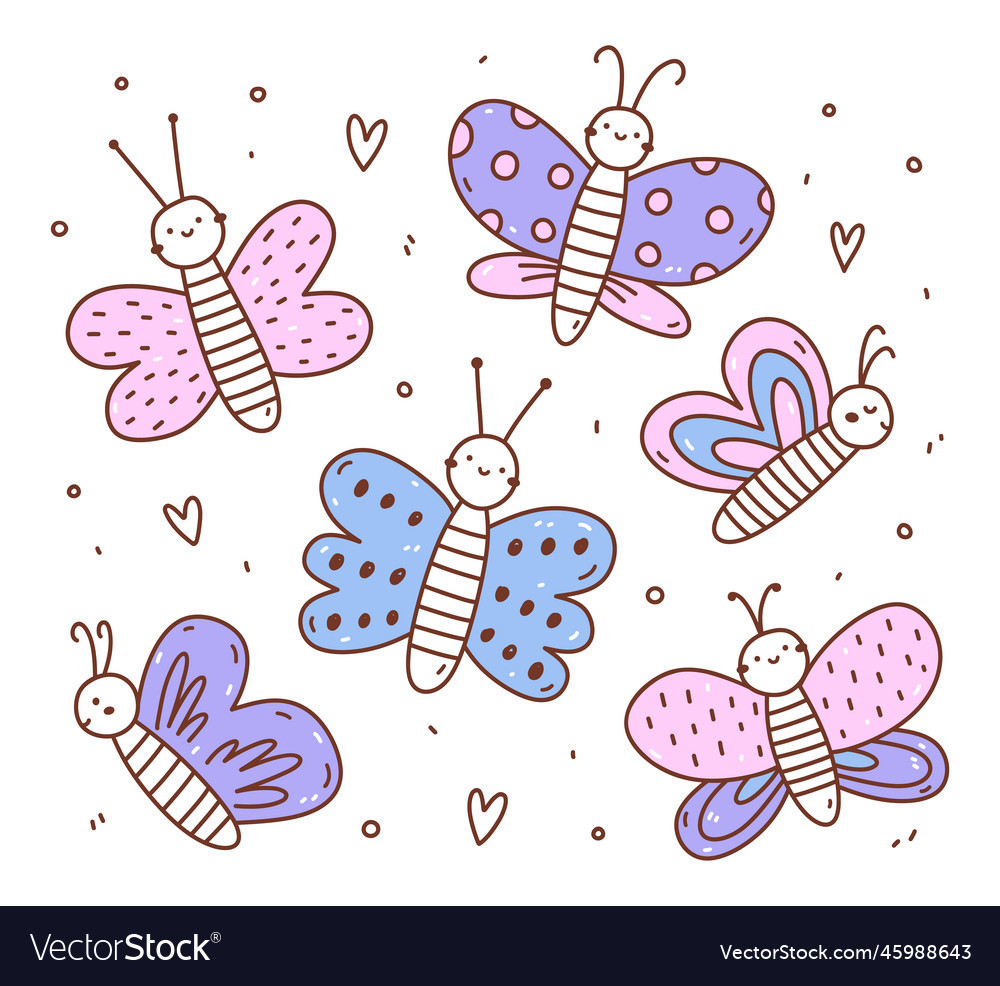 Doodle set of cute and funny butterflies Vector Image