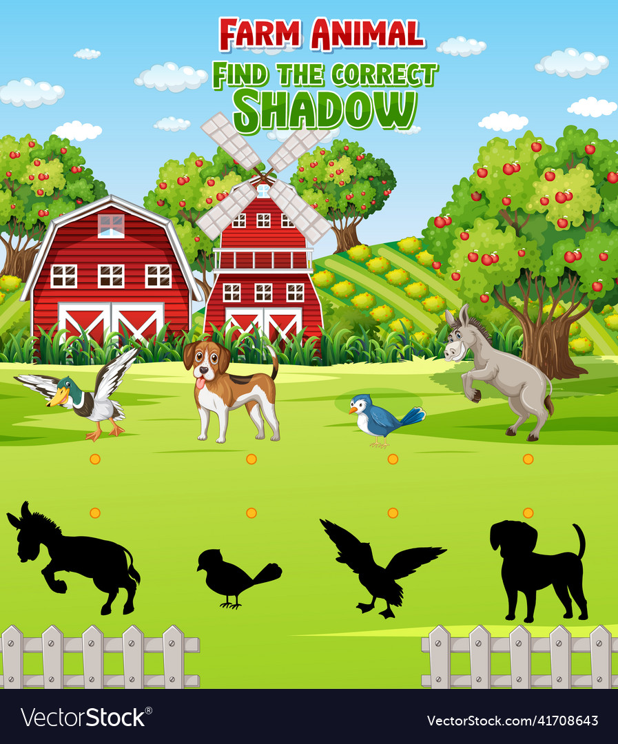 Matching farm animal shadow worksheet Royalty Free Vector