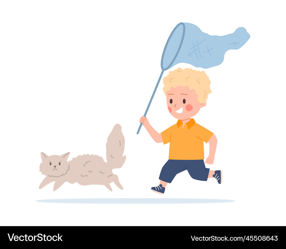 Naughty child chasing cat with sack cartoon flat Vector Image