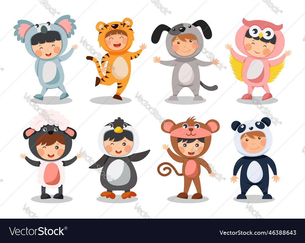 Set of happy children is wearing animal costumes Vector Image