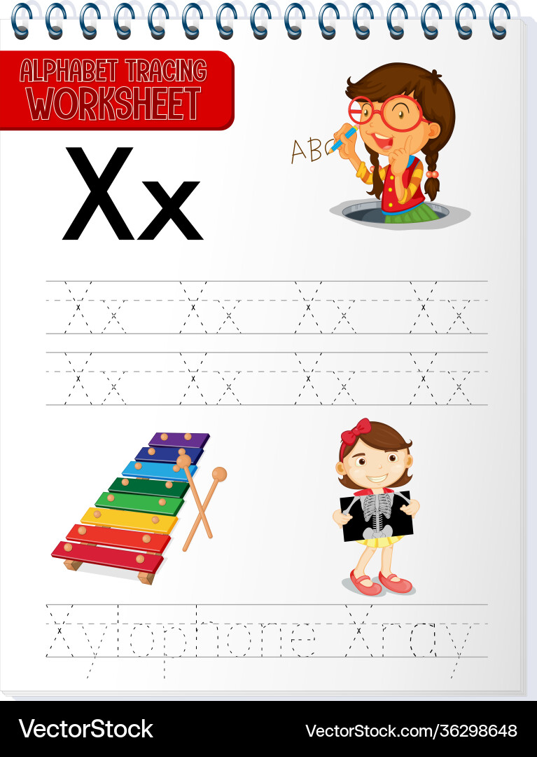 Alphabet tracing worksheet with letter x Vector Image