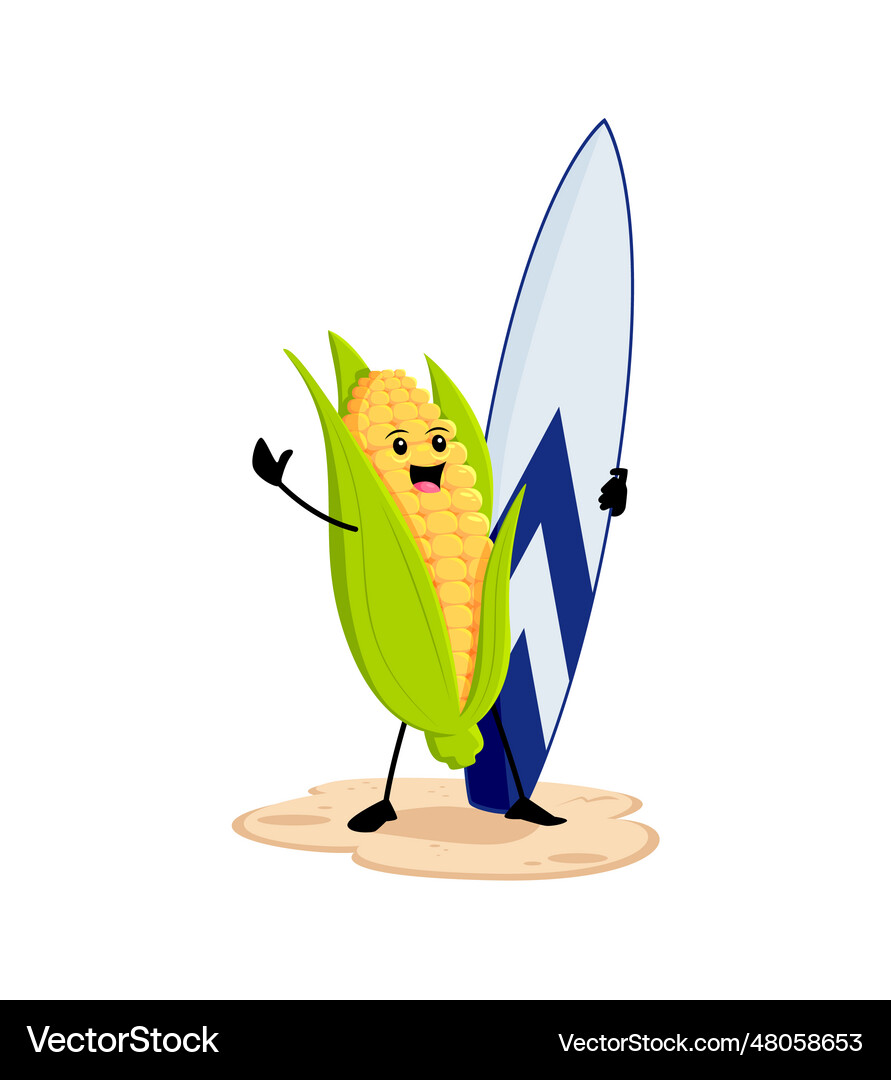 Cartoon cheerful corn cob with surfboard on beach Vector Image