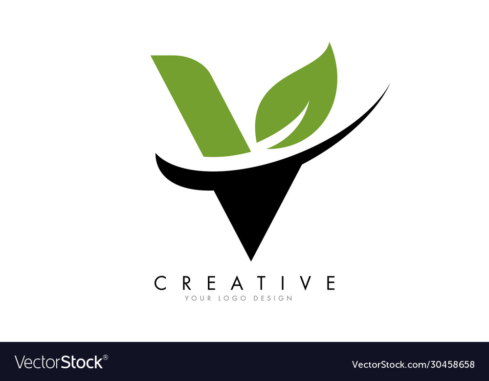 Letter v with leaf and creative swoosh logo design