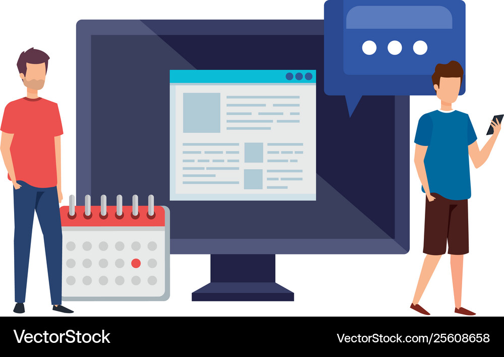 Young men with desktop and calendar characters Vector Image