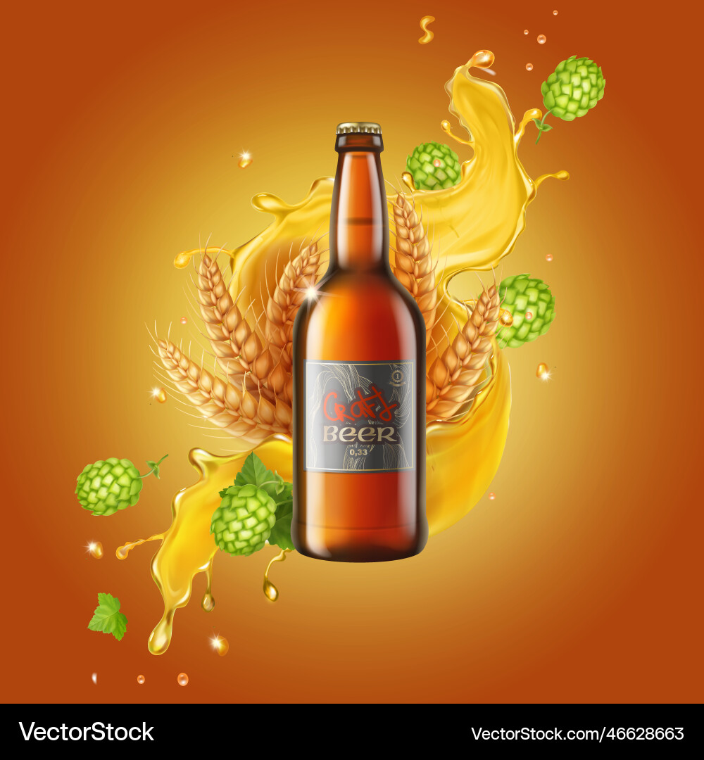 Craft wheat beer ads glass bottle splash Vector Image
