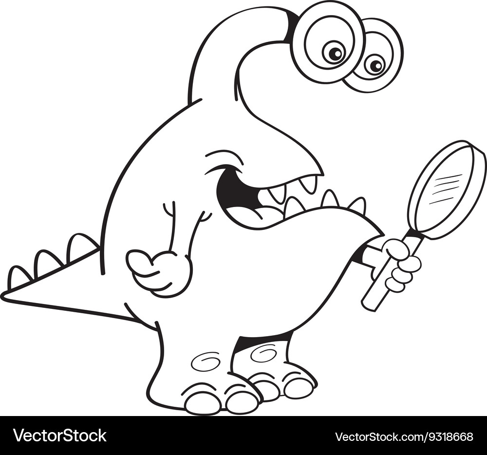 Cartoon monster looking through a magnifying glass