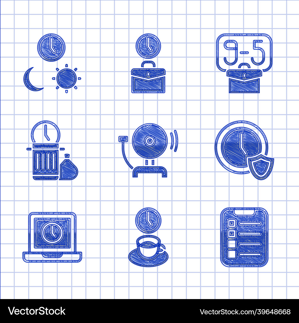Set ringing alarm bell coffee time to do list Vector Image