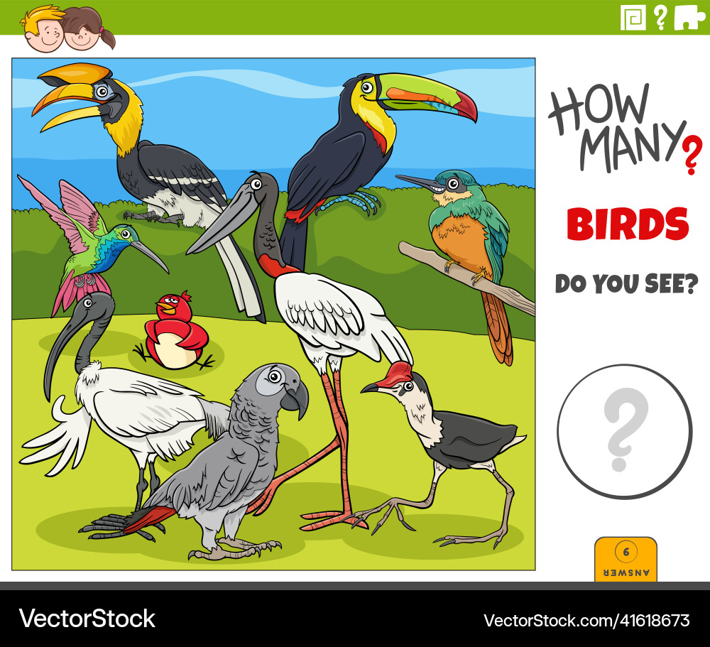 How many cartoon birds educational task Royalty Free Vector