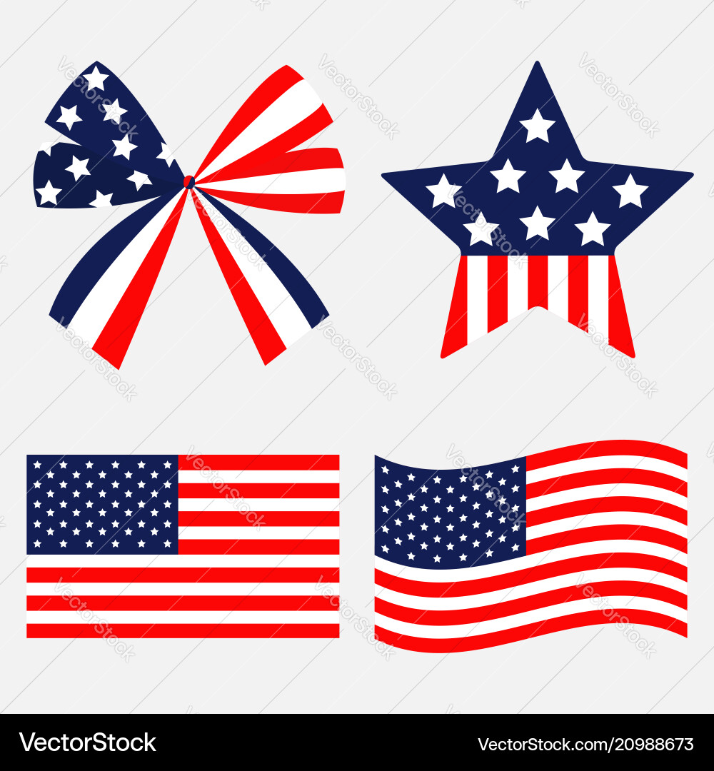 Ribbon bow star shape american flag wave icon set Vector Image