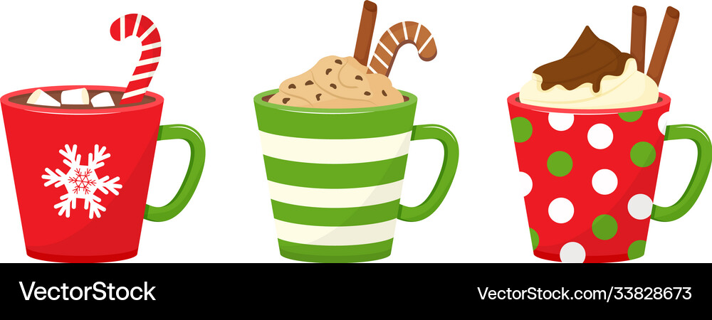 Winter christmas cups with drinks holiday mugs Vector Image