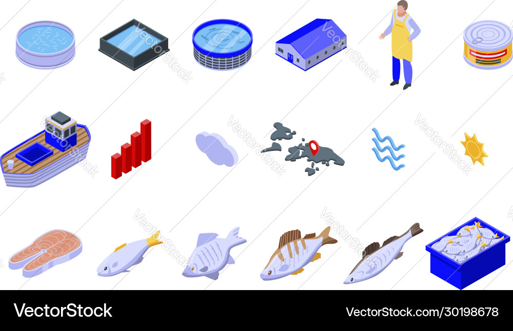 Fish farm icons set isometric style Royalty Free Vector