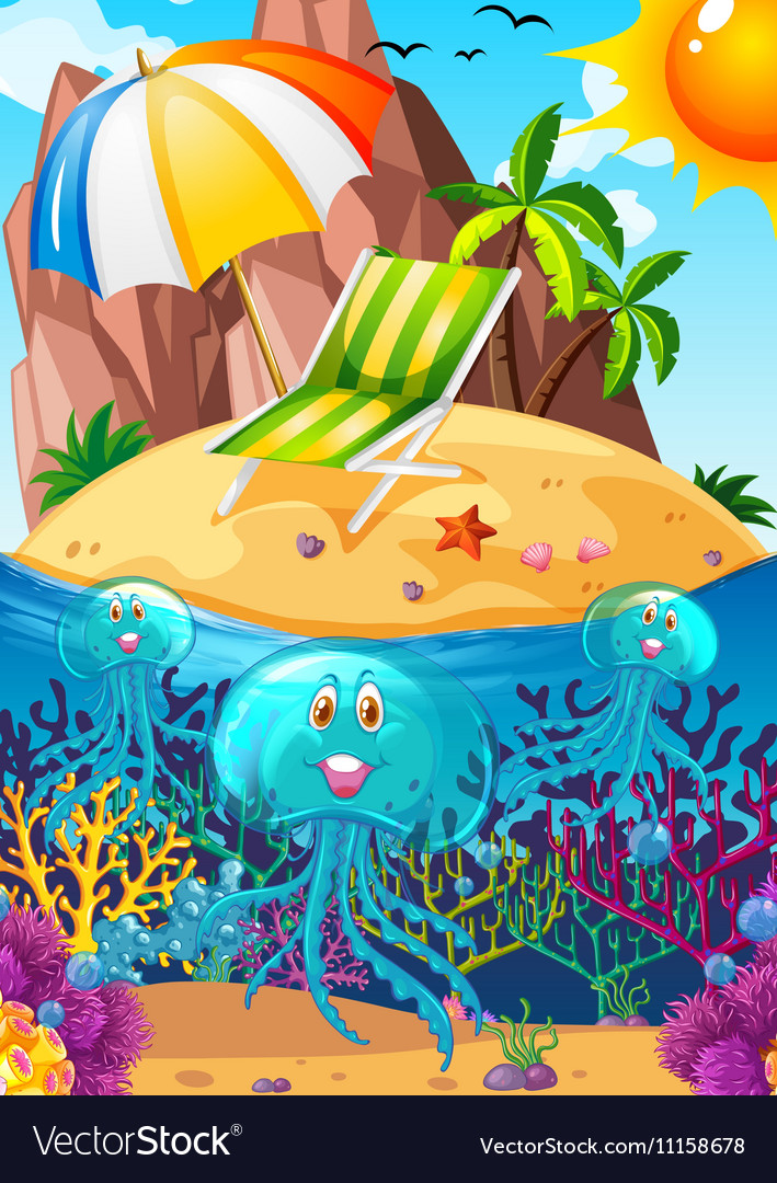 Ocean scene with jellyfish underwater Royalty Free Vector