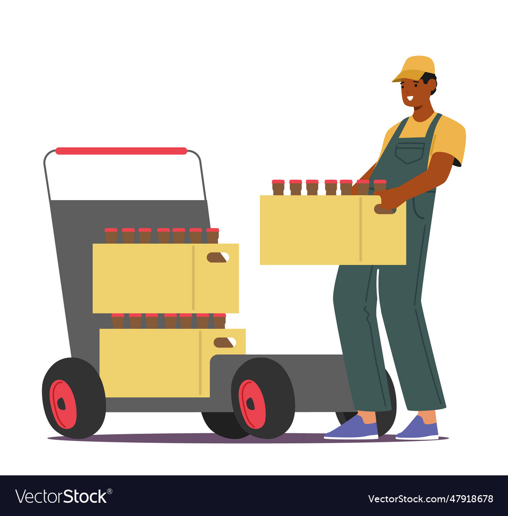 Worker male character efficiently load bottles Vector Image Worker male character efficiently load bottles Vector Image