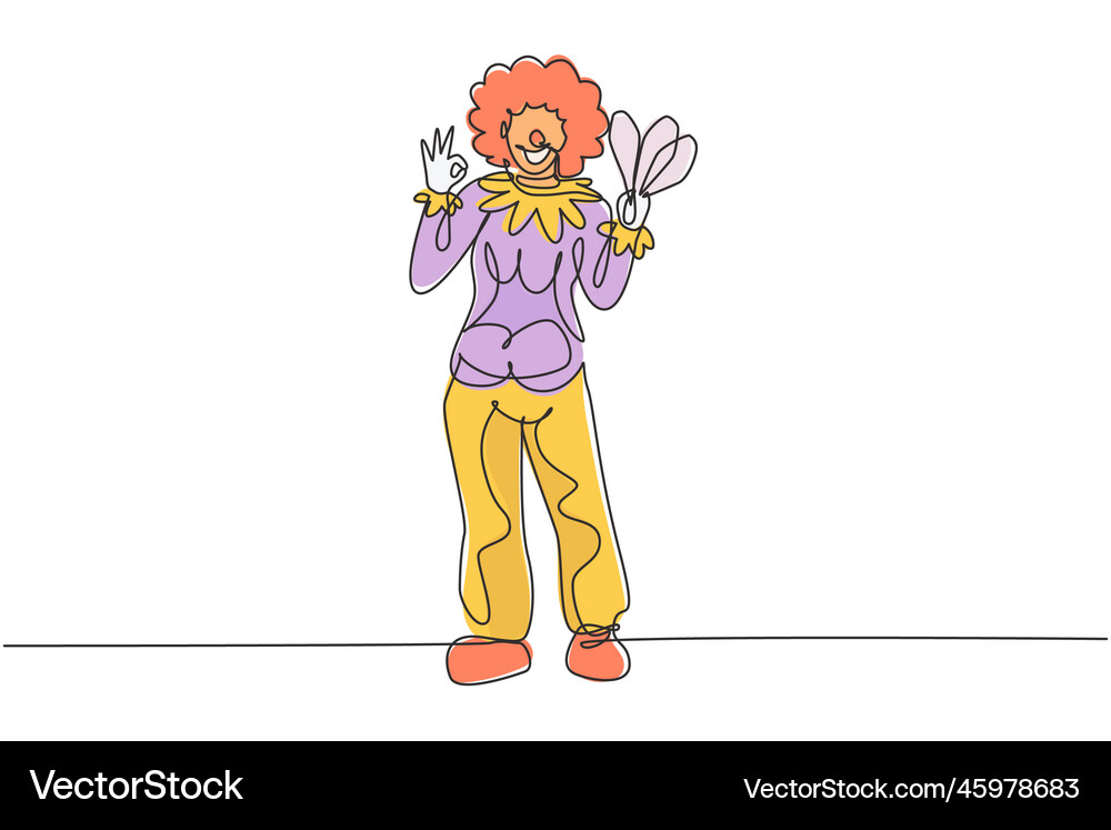 Continuous one line drawing female clown stands Vector Image