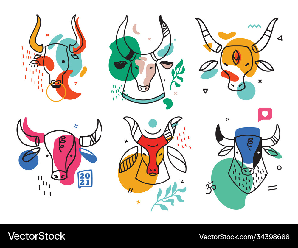 Set drawn bull abstract contemporary modern Vector Image