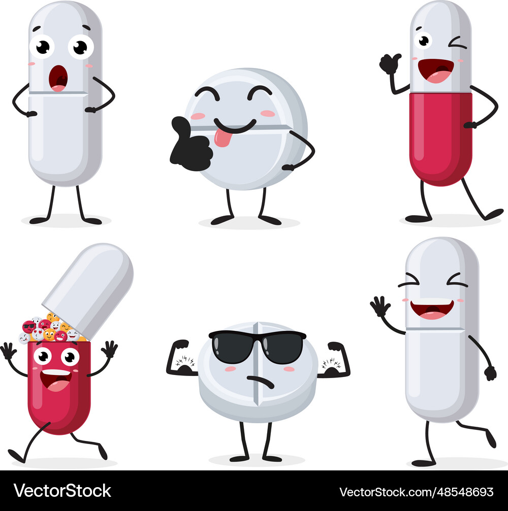 Cartoon funny tablets pills and capsules Vector Image
