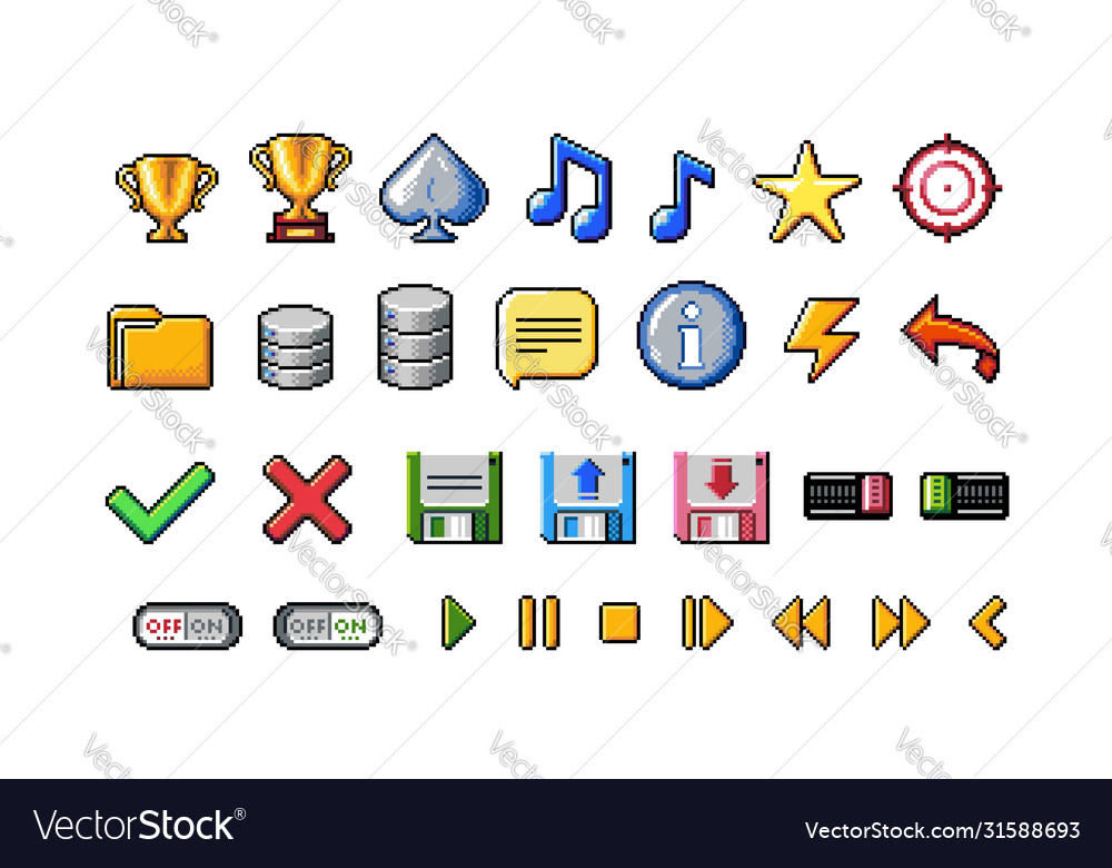 Pixel art style icons collection on white Vector Image