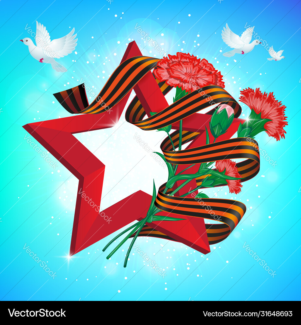 Red soviet star with carnation bouquet flowers Vector Image